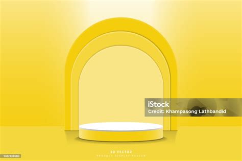 사실적인 노란색과 흰색 3d 무대 실린더 받침대 연단이 있는 3d 스튜디오 룸은 3개의 아치 모양을 배경으로 제품 전시를 제공합니다 제품 프레젠테이션 3d 벡터 렌더링을