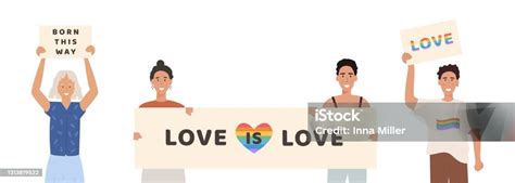 자부심 퍼레이드에 구호가 적힌 플래카드를 들고 있는 사람들의 군중 성소수자 권리에 대한 시위에서 남성과 여성 게이 레즈비언 양성애자 트랜스젠더 활동가 사랑은 사랑입니다 벡터