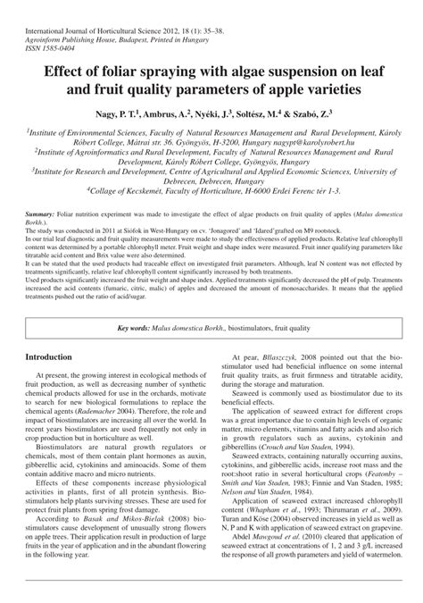 Pdf Effect Of Foliar Spraying With Algae Suspension On Leaf And Fruit Quality Parameters Of