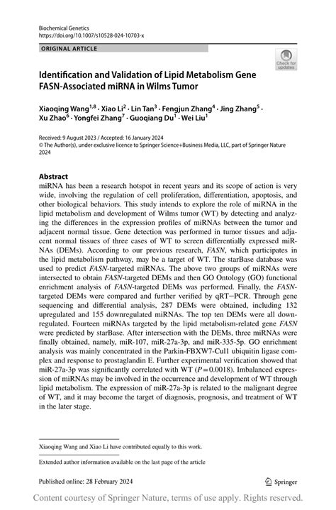 Identification And Validation Of Lipid Metabolism Gene Fasn Associated Mirna In Wilms Tumor