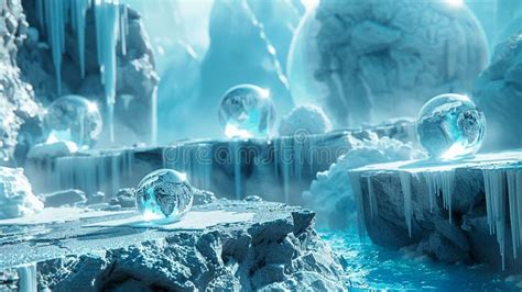 A Icy Landscape With Translucent Orbs Reflecting The Surrounding Glacial Formations Stock