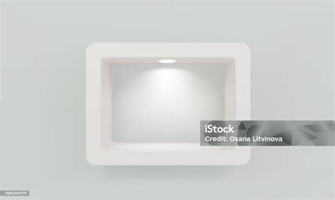 빈 흰색 둥근 직사각형 선반 또는 Led 스포트라이트 3d 모형이 있는 벽에 틈새 0명에 대한 스톡 벡터 아트 및 기타 이미지