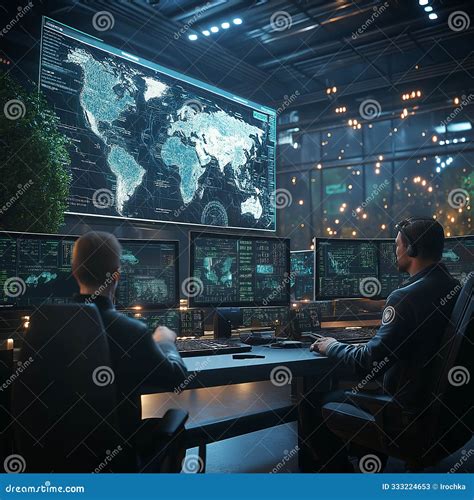 High Tech Control Room With Operators Monitoring Global Data Stock Image Image Of Analytics