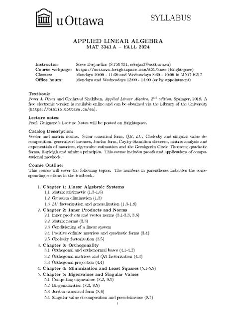 3341afall 2024out1 Outline Syllabus Applied Linear Algebra Mat 3341