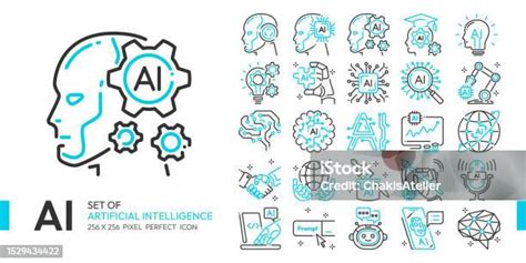 인공 지능 인공 지능 블루 라인 아이콘은 사이버네틱 기계 학습 로봇 Ai 해결 알고리즘 및 Ai 기술 개념으로 설정되며
