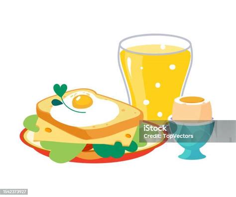 접시에 스크램블 에그를 곁들인 샌드위치와 유리잔에 담긴 주스를 맛있는 아침 식사 또는 전형적인 음식 벡터 일러스트레이션과 함께 브런치로 제공합니다 개념에 대한 스톡 벡터