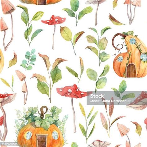 호박 집 녹색 식물 및 시든 헤르바륨 잎이있는 정사각형의 원활한 패턴 흰색 배경에 수채화 자연 개체 벽지 및 포장지 디자인 버섯에 대한 스톡 벡터 아트 및 기타 이미지