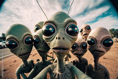 Aliens In The Desert Take A Selfie Generative Ai Stock Illustration