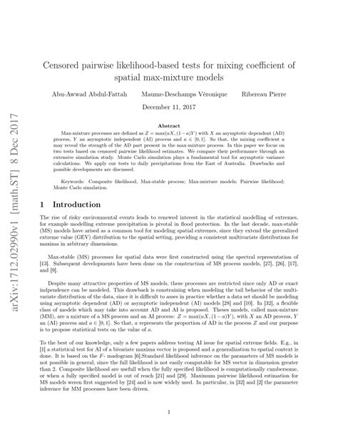 Pdf Censored Pairwise Likelihood Based Tests For Mixing Coefficient Of Spatial Max Mixture Models