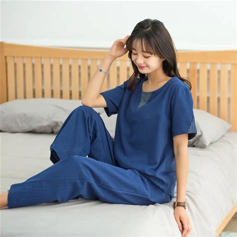 Хлопковый льняной классный удобный пижамный комплект с коротким рукавом брюки Pijama Mujer