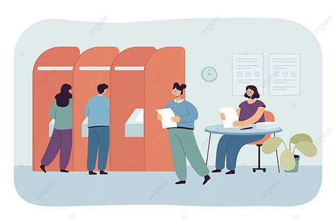 Modern Automated Voting Booth With Machine People Casting Their Votes Vector Vote Voting