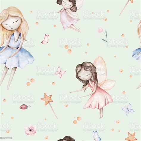 요정과 꽃 수채화 매끄러운 소녀 보육 패턴입니다 만화 핑크 마술 소녀 아기 배경 페이티테일 텍스타일 아트 수채화에 대한 스톡