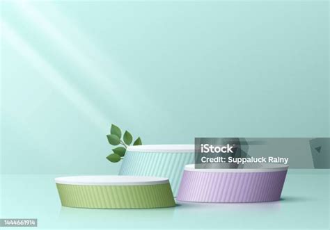 Abstrac 3d 방 배경에는 녹색 파란색 보라색의 현실적인 실린더 받침대 연단 세트가 있습니다 최소한의 벽 장면 모형 제품 디스플레이 벡터 렌더링 기하학적 형태