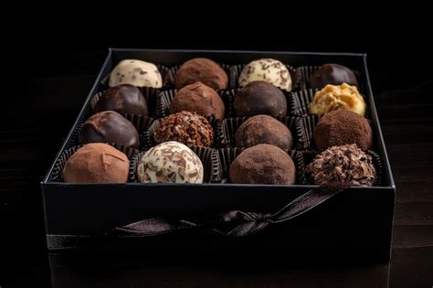 Premium Ai Image Box Of Assorted Truffles Displayed On Black Background