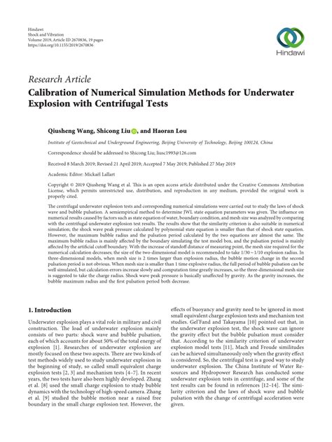 Pdf Calibration Of Numerical Simulation Methods For Underwater Explosion With Centrifugal Tests