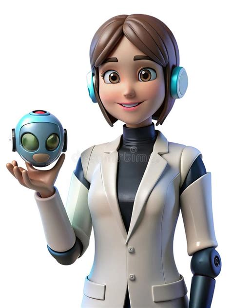 Futuristic Female Scientist Holding Robot Head in a Lab Setting Stock ...