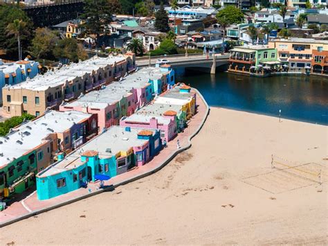 Aerial View Of Capitola Beach With Colorful Buildings And Lagoon Stock