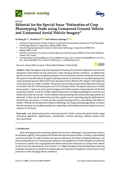 Pdf Editorial For The Special Issue Estimation Of Crop Phenotyping Traits Using Unmanned