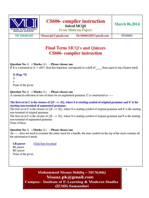 Final Term Mcqs And Quizzes Cs606 Compiler Instruction Pdf Parsing