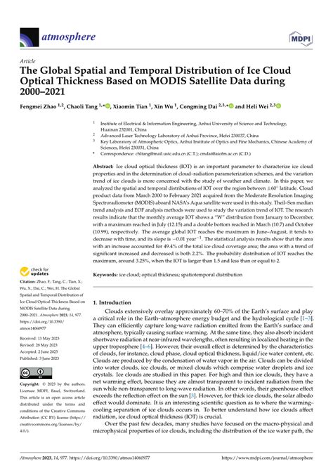 Pdf The Global Spatial And Temporal Distribution Of Ice Cloud Optical Thickness Based On Modis