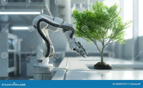 Automated Manipulator Hand Taking Care Of Green Tree Stock Image