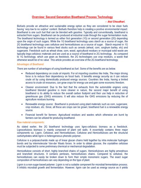 Overview Second Generation Bioethanol Process Technology Pdf