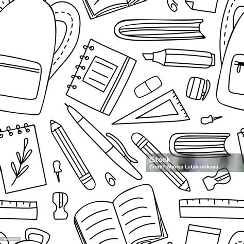 학교는 원활한 패턴을 제공합니다 교육 액세서리 연필 과 펜 노트북 블랙 라인 낙서 만화 흰색 배경 창조적 인 디자인 직물에 고립