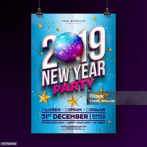 새 해 축 하 파티 포스터 템플릿 3d 2019 번호로 디자인과 파란색 배경에 볼 디스코 초대 전단지 또는 프로 모션 배너 벡터