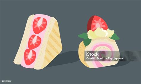 벡터 일러스트 레이 션 과일 샌드위치와 딸기와 크림 다채로운 달콤한 베이커리 항목과 룰렛 건강 스낵 일본 과일 샌드위치 어두운 배경에 고립되어 있습니다 거품 내기에 대한
