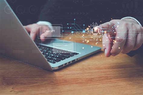 ai 기술 노트북 가상 그래픽을 사용하는 사업가 글로벌 인터넷은 chatgpt 채팅을 ai와 연결하고 명령 프롬프트를 사용하여