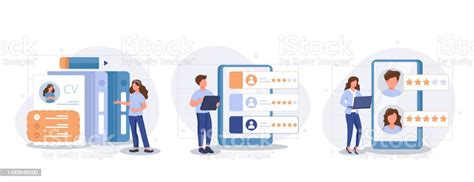 채용 일러스트 세트 Hr 관리자는 잠재적 인 구직자를 검색하고 인적 자원을 계획합니다 캐릭터 작성 이력서 및 취업 지원 고용 개념 벡터 그림 개념에 대한 스톡 벡터 아트 및