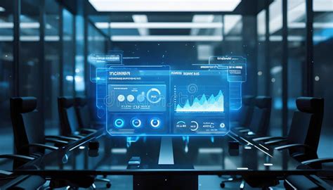 Futuristic Meeting Room With Digital Data Analysis On A Holographic Display Over A Table Ai