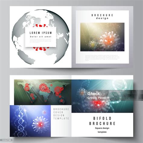 사각형 양면 브로셔 전단지 커버 디자인 책 디자인 브로셔 커버를위한 두 개의 커버 템플릿의 벡터 레이아웃 코로나 바이러스의 3d 의료 배경 코비드 19 코로나바이러스 감염