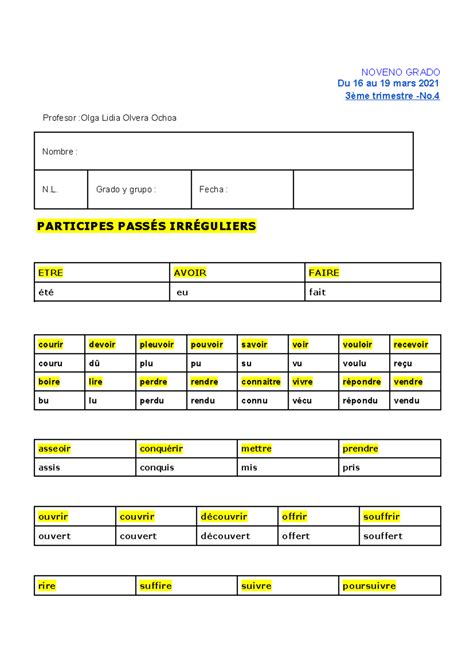 4 9º Passé Composé Verbes Du 3ème Groupe D E Noveno Grado Du 16 Au 19 Mars 2021 3ème