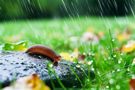 Slug On A Wet Surface Under Rainfall Surrounded By Grass And Water
