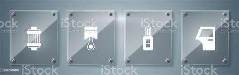 자동차 도어 리모컨이 있는 키 엔진 피스톤 및 에어 필터를 설정합니다 정사각형 유리 패널 벡터 교통수단에 대한 스톡 벡터 아트