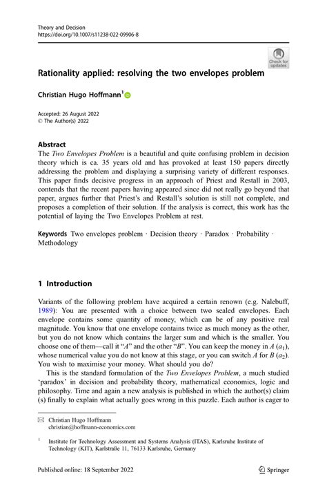 Pdf Rationality Applied Resolving The Two Envelopes Problem