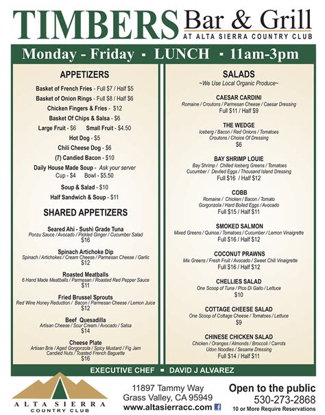 Timbers Menus