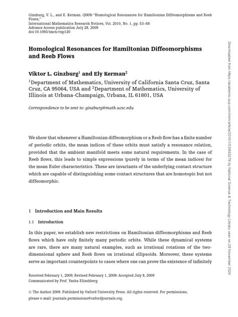 2010 Homological Resonances For Hamiltonian Diffeomorphisms And Reeb Flows Pdf Group