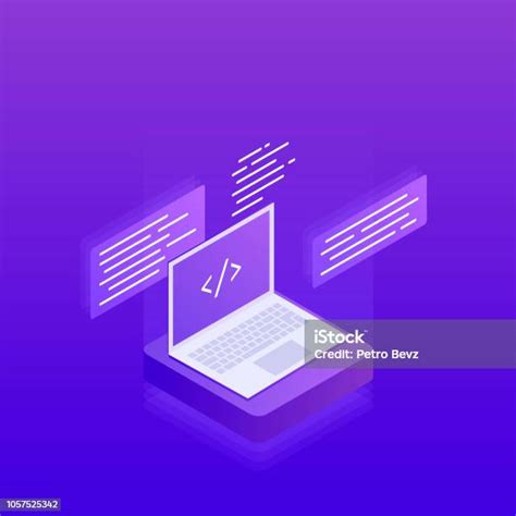 소프트웨어 개발 및 프로그래밍 프로그램 코드 태그 노트북 화면 빅 데이터 처리에 3 차원 Isometric 플랫 디자인입니다