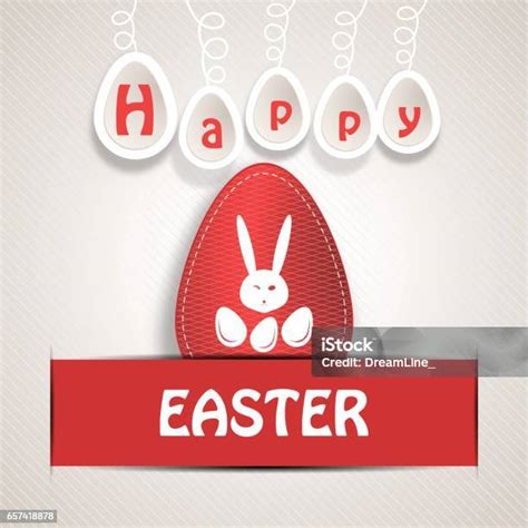 선 패턴 바느질 토끼 머리 화이트 실루엣 부활절 종이 빨간 달걀 계란 그라데이션 회색 배경에 빨간 주머니에 텍스트 삽입의 벡터 포스터 4월에 대한 스톡 벡터 아트 및 기타