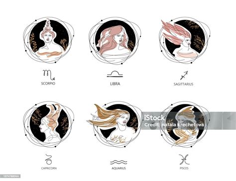 조디악 징후세트 양자리 황소자리 쌍둥이 암 처녀자리 레오 한 줄 도면 물고기자리에 대한 스톡 벡터 아트 및 기타 이미지