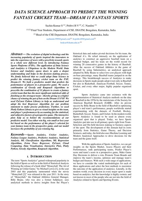 Pdf Data Science Approach To Predict The Winning Fantasy Cricket Team Dream 11 Fantasy Sports