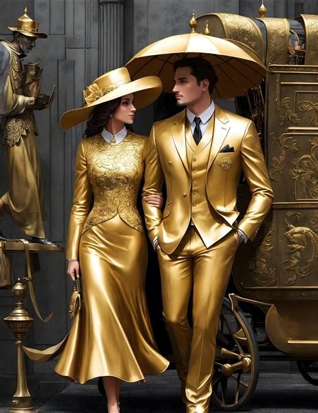 زن و مرد شیک پوش در حال قدم زدن تصویرسازی طلایی با کیفیت عکس با کیفیت و