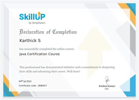 Karthick S On Linkedin Received Completion Certificate Of Java Advanced Course From Skillup