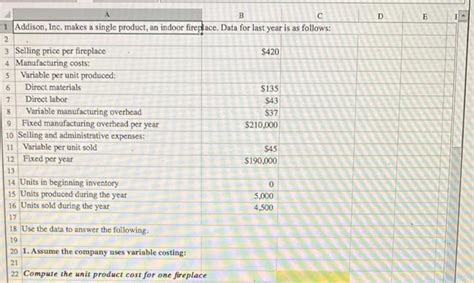 Solved Variable And Absorption Costing Using Excels Sum And