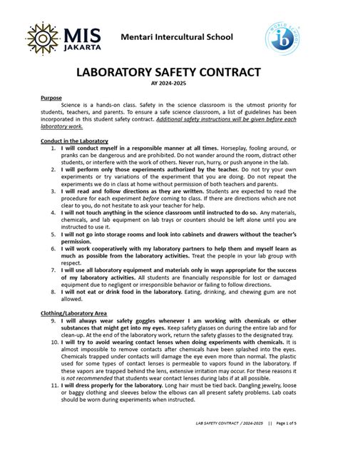 Science Laboratory Safety Contract Misj 2024 2025 Pdf Contact Lens