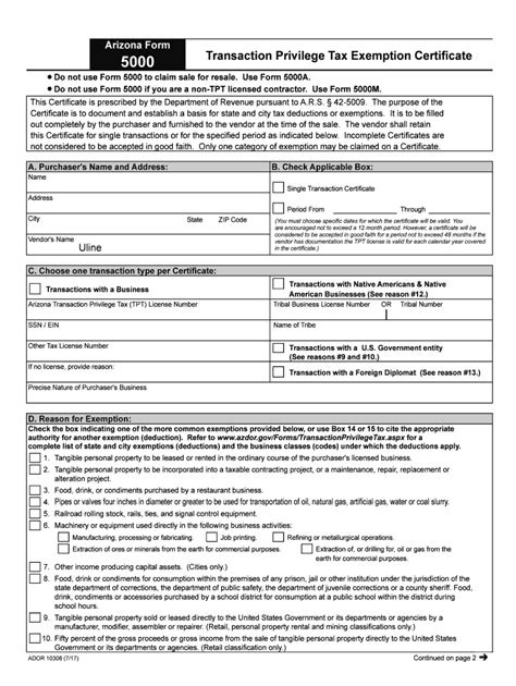 Fillable Online Arizona Form 5000 Transaction Privilege Tax Exemption