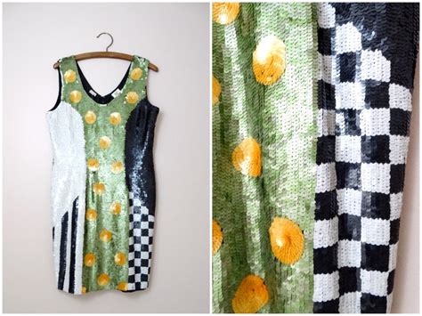 80s Retro Sequin Dress 1980s Black White Checker And Green Yellow