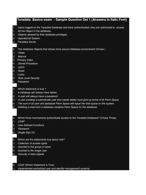 teradata basics exam sample question set 1 answers in italic font pdf databases